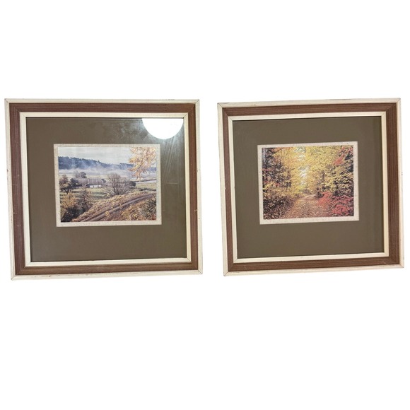 Art | Vintage Framed Autumn Scenery Prints Wall Art Set Covered Bridge ...